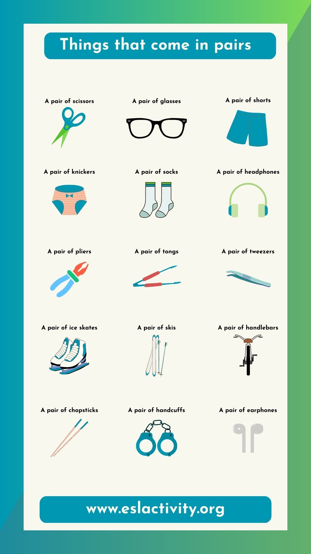 Things That Come in Pairs: List, Pictures & Chart of Pairs of Things