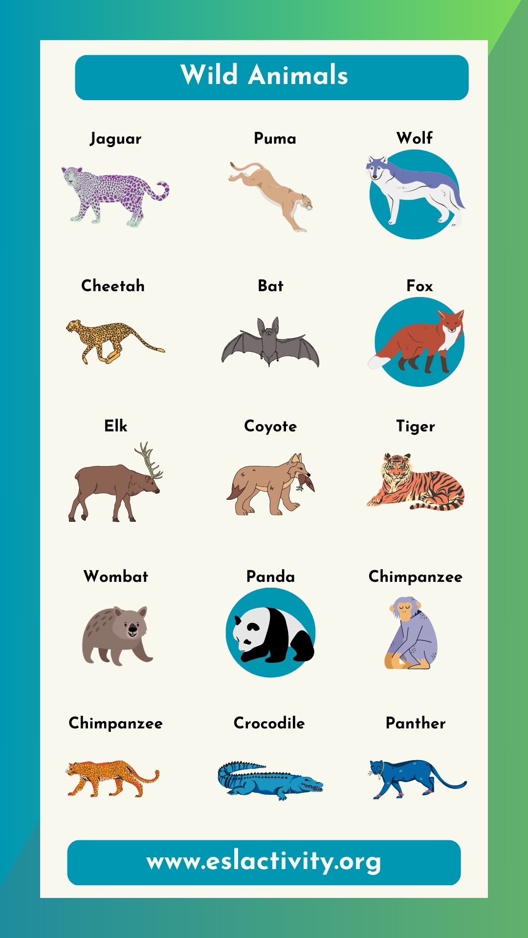 Wild Animals List (Names in English, with Pictures) | ESL Activities